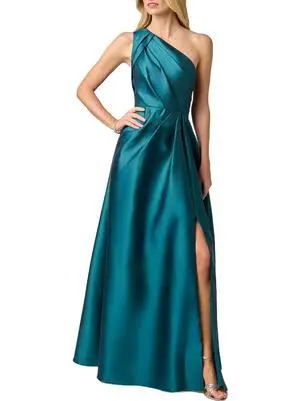 Adrianna Papell Pleated One-shoulder Mikado Gown - Hunter