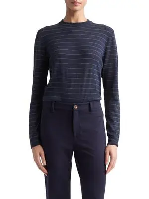 Lafayette 148 New York Striped Cashmere Crewneck Sweater - Ink Multi