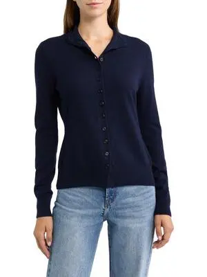 ROWING BLAZERS Merino Wool & Cashmere Mock Neck Button-up Sweater - Heather Navy