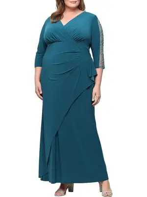 SL FASHIONS Beaded Sleeve Empire Waist Gown - Mallard
