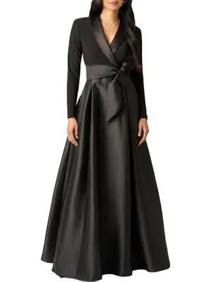Adrianna Papell Mixed Media Long Sleeve Tuxedo Gown - Black