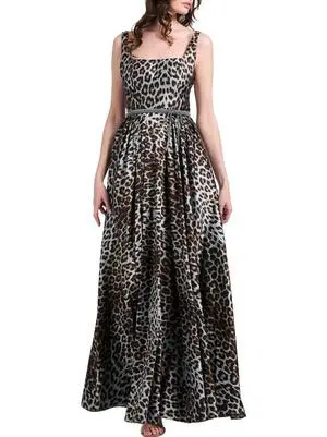 EMILY SHALANT Animal Pleated Square Neck Taffeta Ballgown - Blue Multi