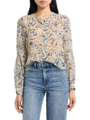 NIC+ZOE Bloomsbury Chiffon Band Collar Button-up Shirt - Neutral Multi