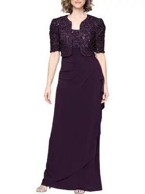 Alex Evenings Sequin Soutache Bodice Empire Waist Chiffon Gown With Bolero Jacket - Deep Plum