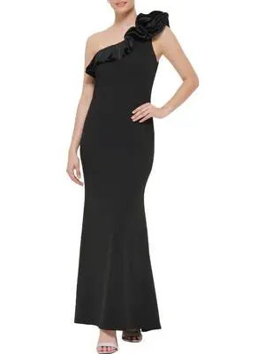 JESSICA HOWARD One Shoulder Ruffle Crepe Gown - Black