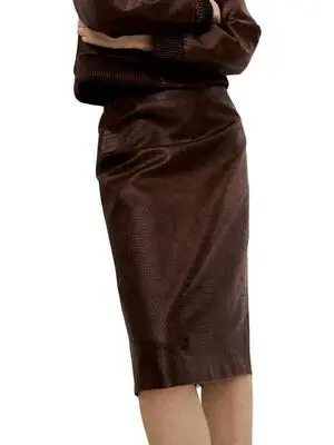 Mango Croc-embossed Faux Leather Midi Skirt - Brown