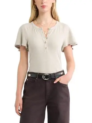 Treasure & Bond Flutter Sleeve Ribbed Henley - Beige Silver