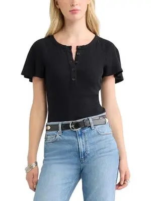 Treasure & Bond Flutter Sleeve Ribbed Henley - Black