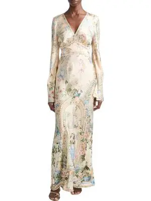 Camilla Crystal Embellished Floral Long Sleeve Silk Charmeuse V-neck Dress - Midsummer Masterpiece