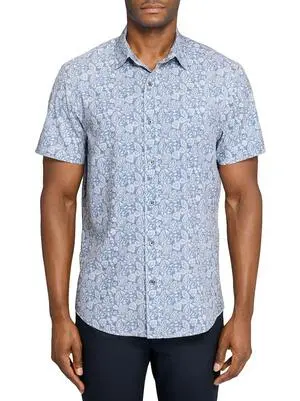 W.R.K Slim Fit Antique Floral Short Sleeve Performance Button-up Shirt White/blue