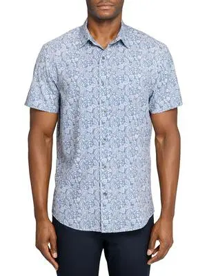 W.R.K Slim Fit Antique Floral Short Sleeve Performance Button-up Shirt White/blue