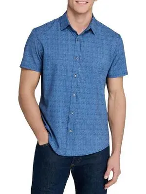 W.R.K Basic Slim Fit Abstract Stripe Short Sleeve Performance Button-up Shirt - Navy