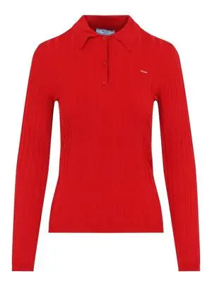 Prada PRADA Ribbed Long Sleeve Polo Shirt Red