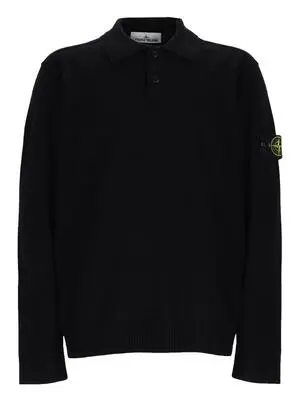 Stone Island Virgin Wool Knit Polo Sweater - Black