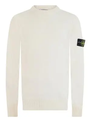 Stone Island Crewneck Sweater In Virgin Wool With Small Sleeve Logo - White