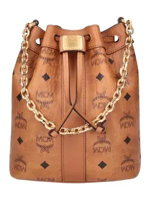 Mcm Monogram Drawstring Bucket Bag With Chain Strap - Brown
