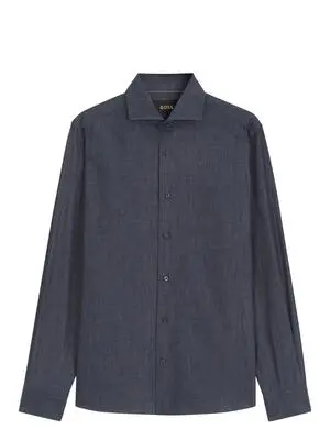 BOSS Slim-fit Shirt In Denim With Cashmere - Dark Blue