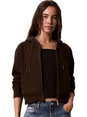 Calvin Klein Monogram Logo Fleece Zip Hoodie - Dark Coffee
