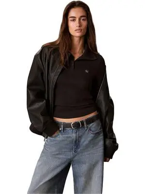 Calvin Klein Ribbed Knit Henley Turtleneck With Woven Monologo - Black