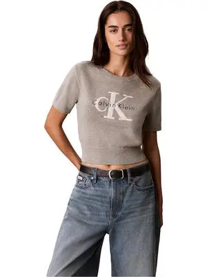 Calvin Klein Monologo Embroidered Short Sleeve Sweater - Grey Heather