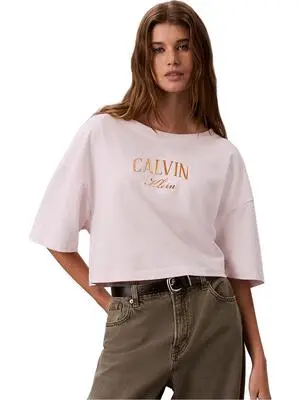 Calvin Klein Boxy Varsity Logo Cropped Tee - Crystal Blush