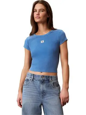 Calvin Klein Woven Monologo Rib Crewneck Cropped Tee - Winter Blue