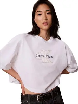 Calvin Klein Monologo Boxy Cropped T-shirt - Bright White