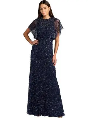 Mac Duggal Petite High Neck Short Sleeve Embellished Gown - Navy
