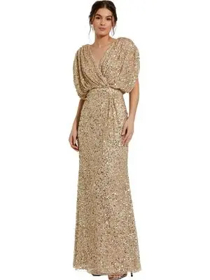 Mac Duggal Mac Duggal Petite Sequin Draped Sleeve V-Neck Gown Gold
