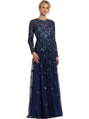 Mac Duggal Petite Embellished High Neck Long Sleeve A Line Gown - Navy