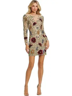 MAC DUGGAL Mac Duggal Floral Beaded Long Sleeve Mini Dress
