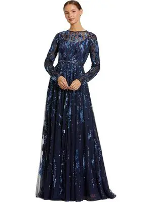 Mac Duggal Long Sleeve Sequin Embellished Gown - Navy
