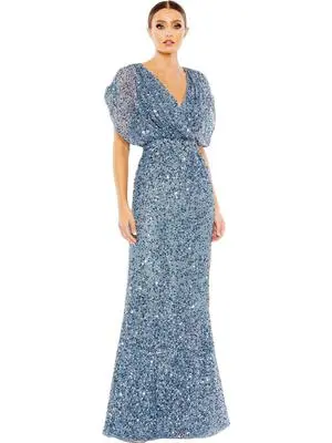 Mac Duggal Petite Draped Sleeve Sequin Gown - Blue