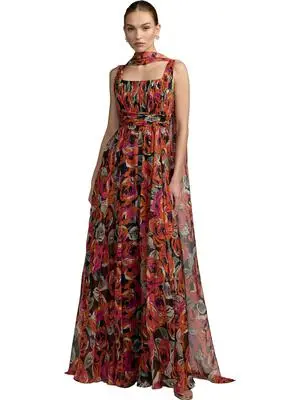 Mac Duggal Ieena For Mac Duggal Floral Printed Chiffon Gown With Scarf Rose