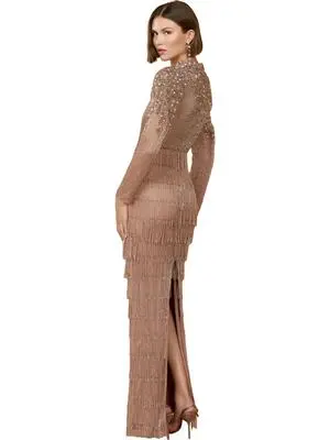 MAC DUGGAL COLLECTION Brown Beaded Long Sleeve Fringe Column Gown - Mocha