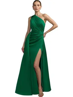 MAC DUGGAL One Shoulder Satin Gown With Overskirt