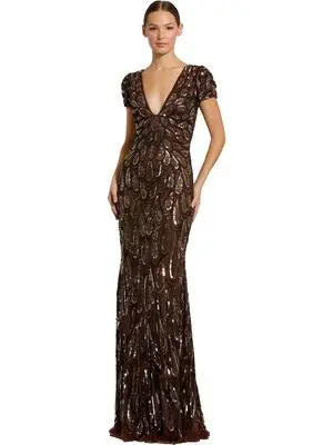 MAC DUGGAL Petite Brown Embellished Deep V Column Gown
