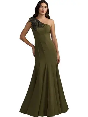 Mac Duggal Mac Duggal Petite One Shoulder Crepe Gown With Embellished Flower Detail Green