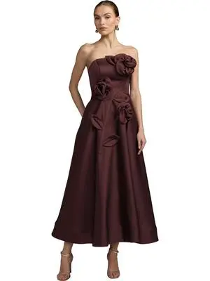 Mac Duggal Strapless Satin A-line Gown With 3d Floral Embellishments - Red