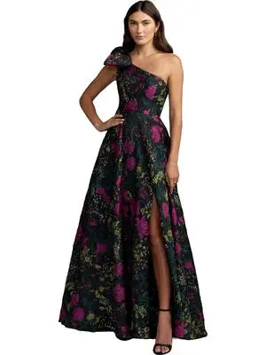 Mac Duggal One Shoulder Brocade Floral Gown With Bow - Black