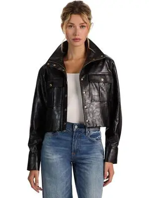 Alice + Olivia Vegan Leather Funnel Neck Parka - Black