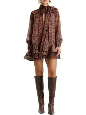Bardot Adrie Long Sleeve Babydoll Minidress - Leopard