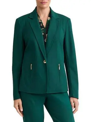 KASPER Notched Lapel Zip Pocket Blazer - Evergreen