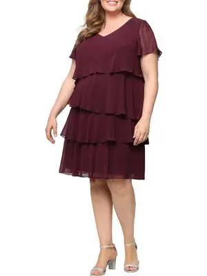 SL FASHIONS Beaded Tiered Chiffon Dress - Fig