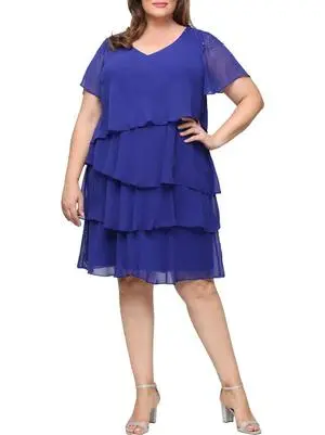SL FASHIONS Beaded Tiered Chiffon Dress - Iris
