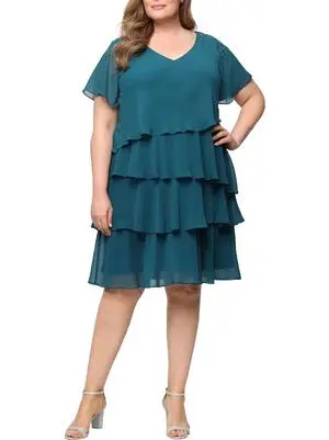 SL FASHIONS Beaded Tiered Chiffon Dress - Mallard