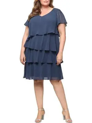 SL FASHIONS Beaded Tiered Chiffon Dress - Slate