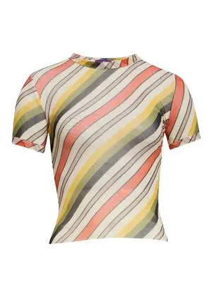 JEAN PAUL GAULTIER Retro Stripe Print Crop Mesh Baby Tee - Beige Multicolor