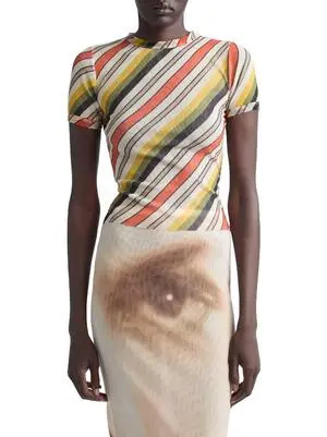 JEAN PAUL GAULTIER Retro Stripe Mesh Baby Tee - Beige Multicolor