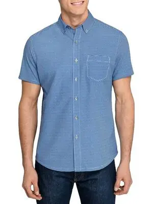 W.R.K Slim Fit Micro Square Reworked Short Sleeve Button-down Shirt - Navy